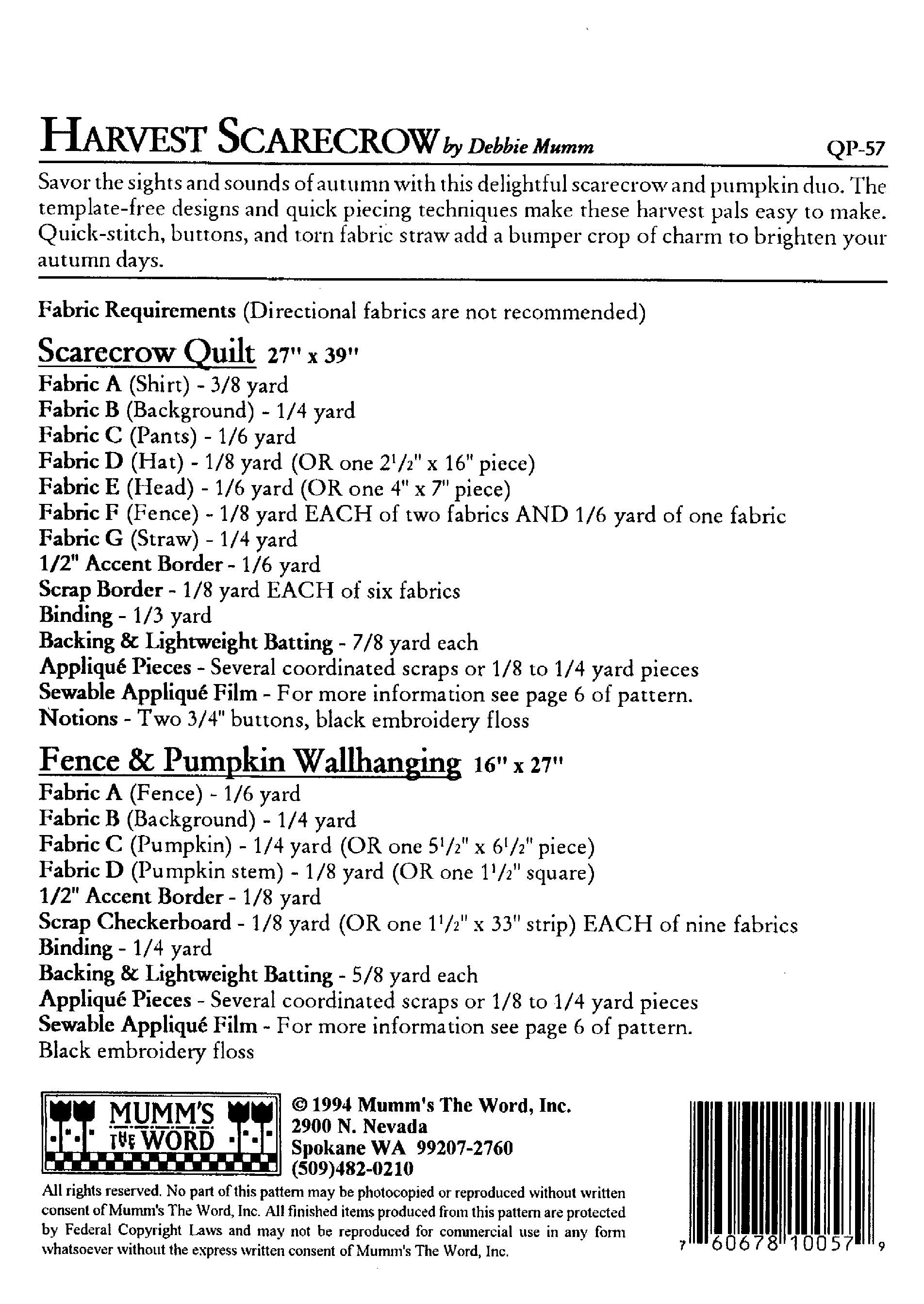 1994 Harvest Scarecrow Debbie Mumm Wallhanging Quilt Design Log Cabin ...