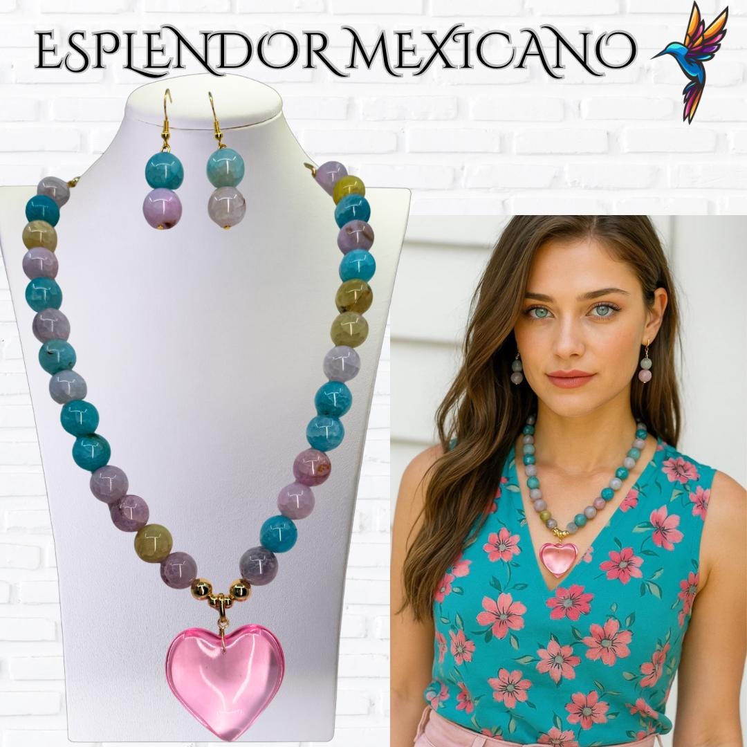 Mexican Handmade Multi Agate Heart Necklace Set/ Natural Stone Healing ...