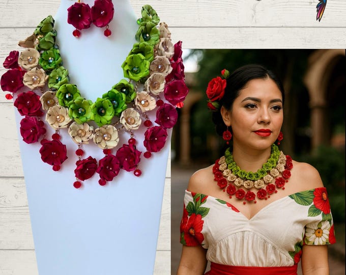 Mexican Handmade Artisanal Palm Leaf Jewelry Set/flower Necklace ...