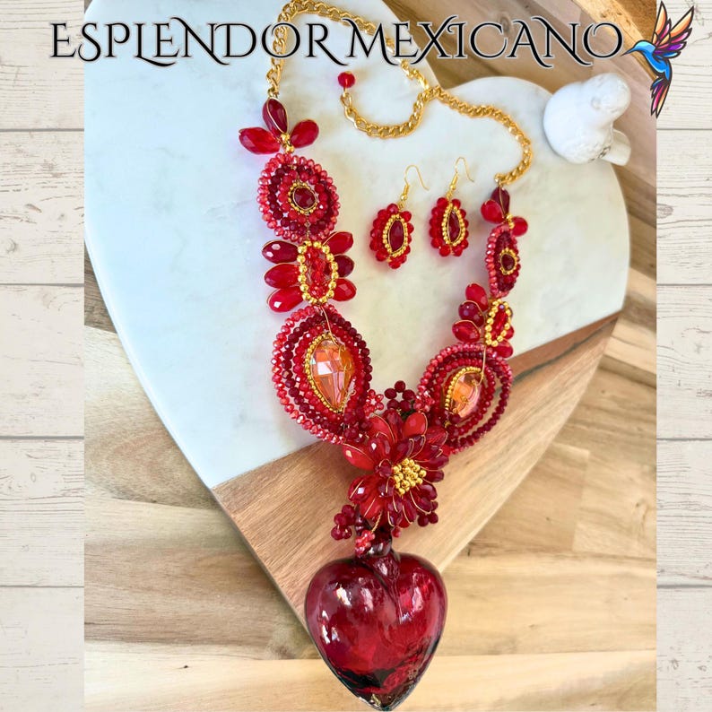 Mexican Artisan Handmade Beaded Necklace Set & Earrings With Red Hand ...