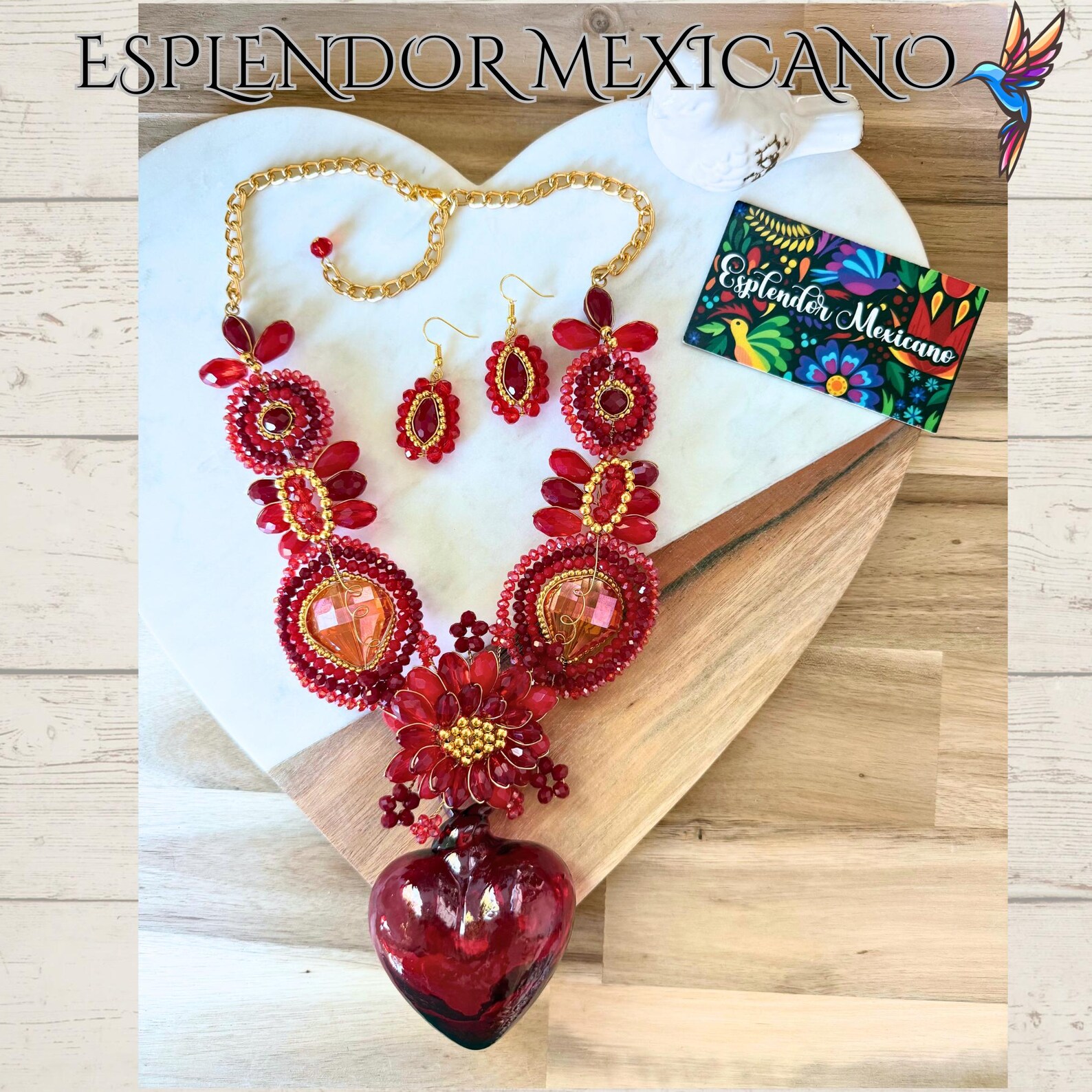 Mexican Artisan Handmade Beaded Necklace Set & Earrings With Red Hand ...