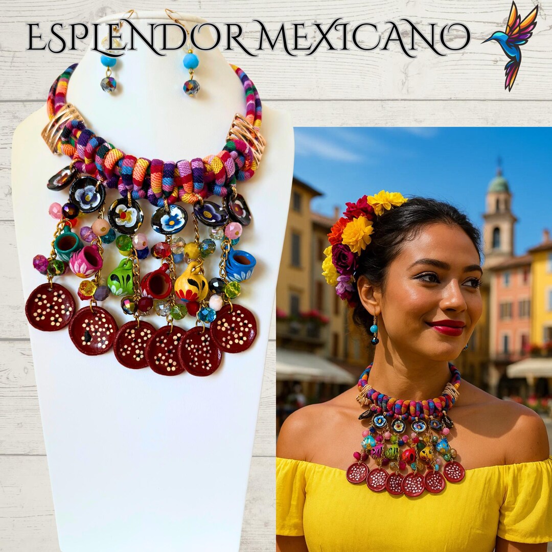 Mexican Artisanal Handmade Multi Color Necklace and Earrings Jewelry ...