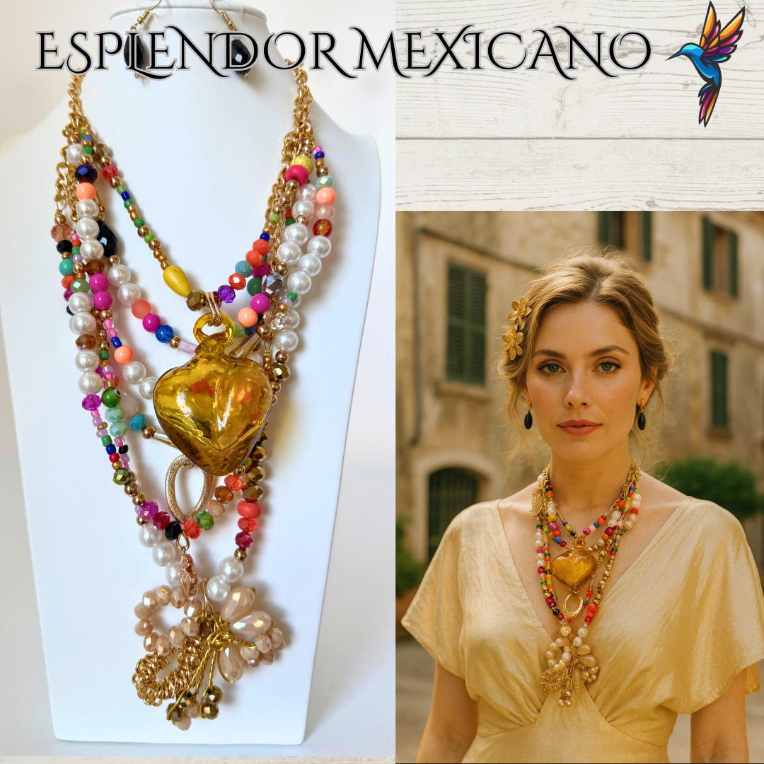 Mexican Artisan Handmade Beaded Necklace Set With Hand Blown Yellow ...