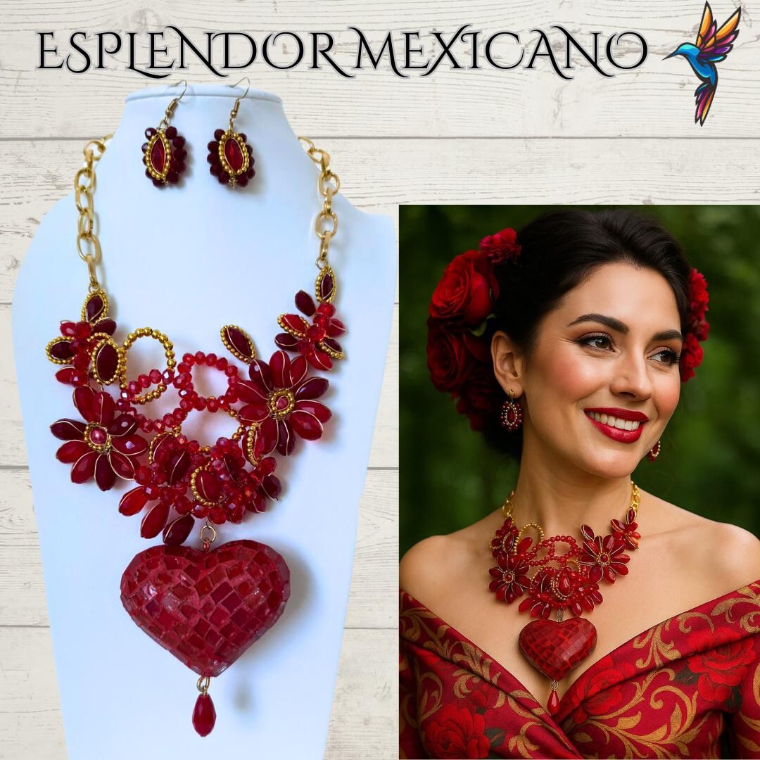 Mexican Handmade Beaded Necklace Set With Clay Heart and Glass Inserts ...
