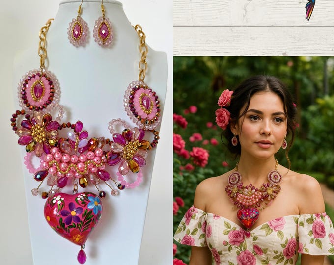 Mexican Handmade Beaded Necklace Set With Hand Painted Pink Floral ...