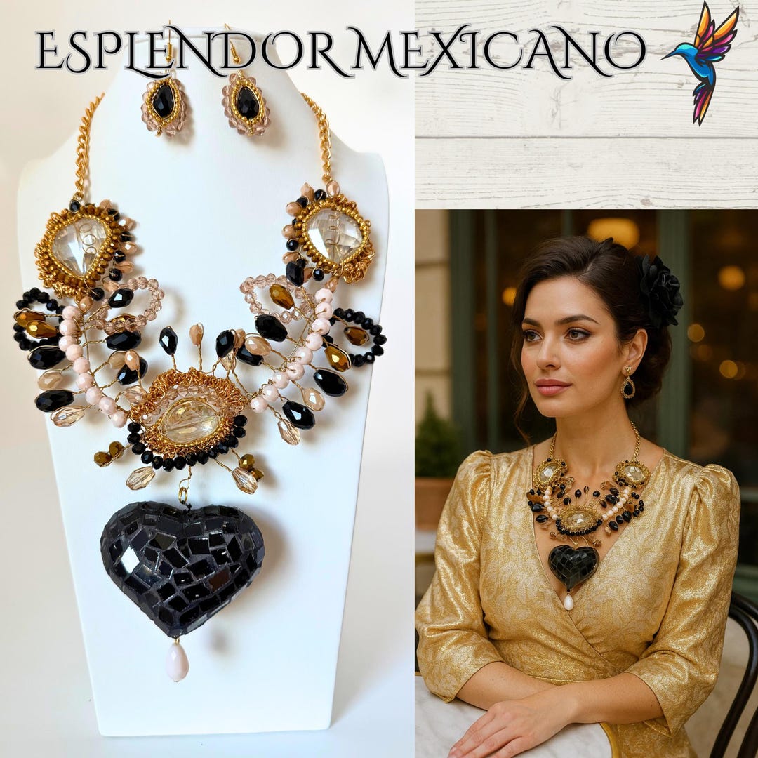 Mexican Artisan Handmade Beaded Necklace Set With Clay Heart and Glass ...