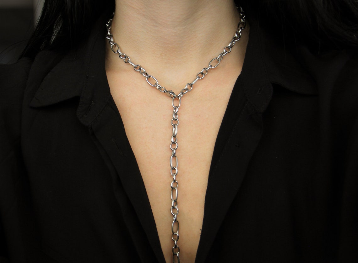 Silver Chunky Necklace Silver Y Lariat Necklace Chunky | Etsy