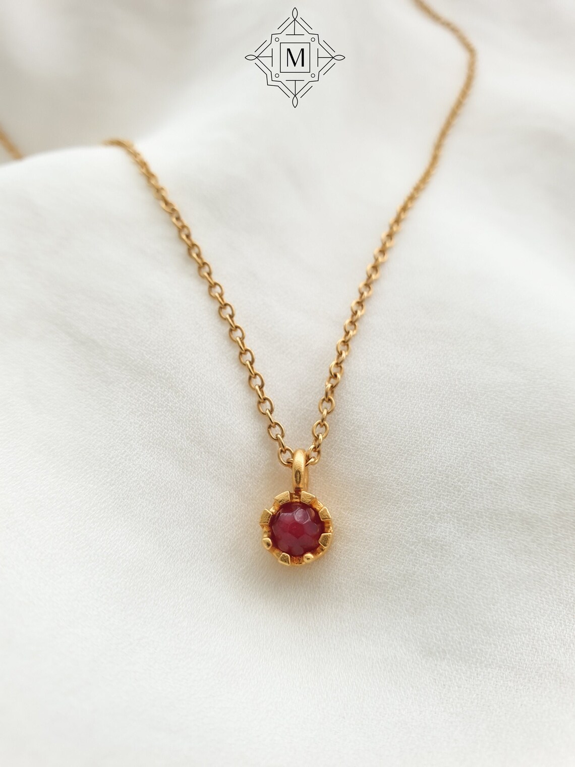 Dainty Gold Necklace Tiny Gold Charm Necklace Ruby Red | Etsy