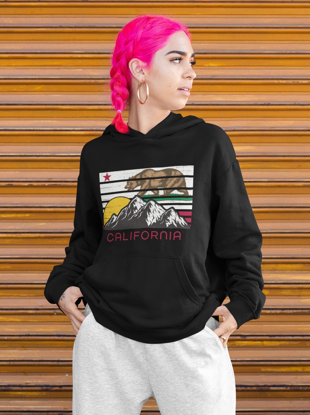 California State Flag Retro Mountains Hoodie, California Bear Hoodie - Etsy