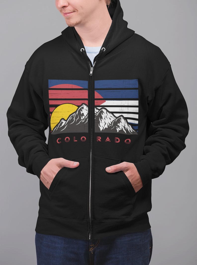 Colorado Zip Hoodie, State Flag Retro Vintage Colorado Mountains Zip ...