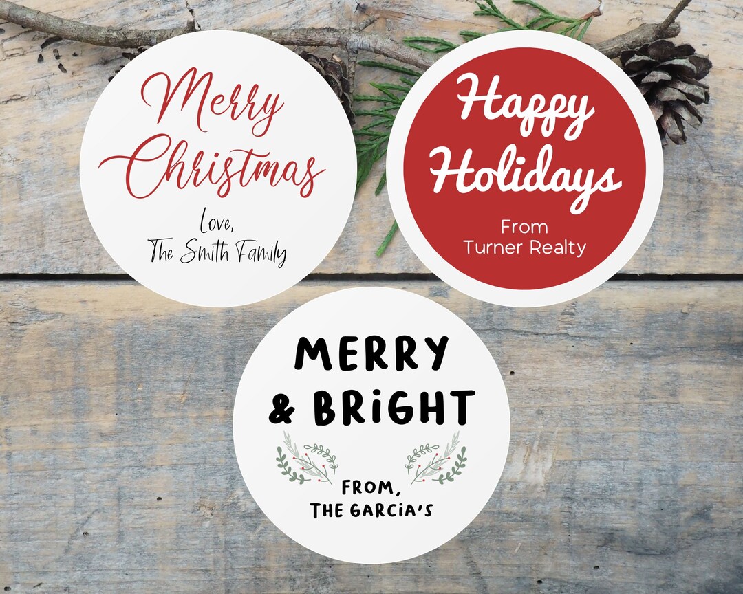 2 Round Personalized Christmas Labels Set of 20, Happy Holidays Labels ...