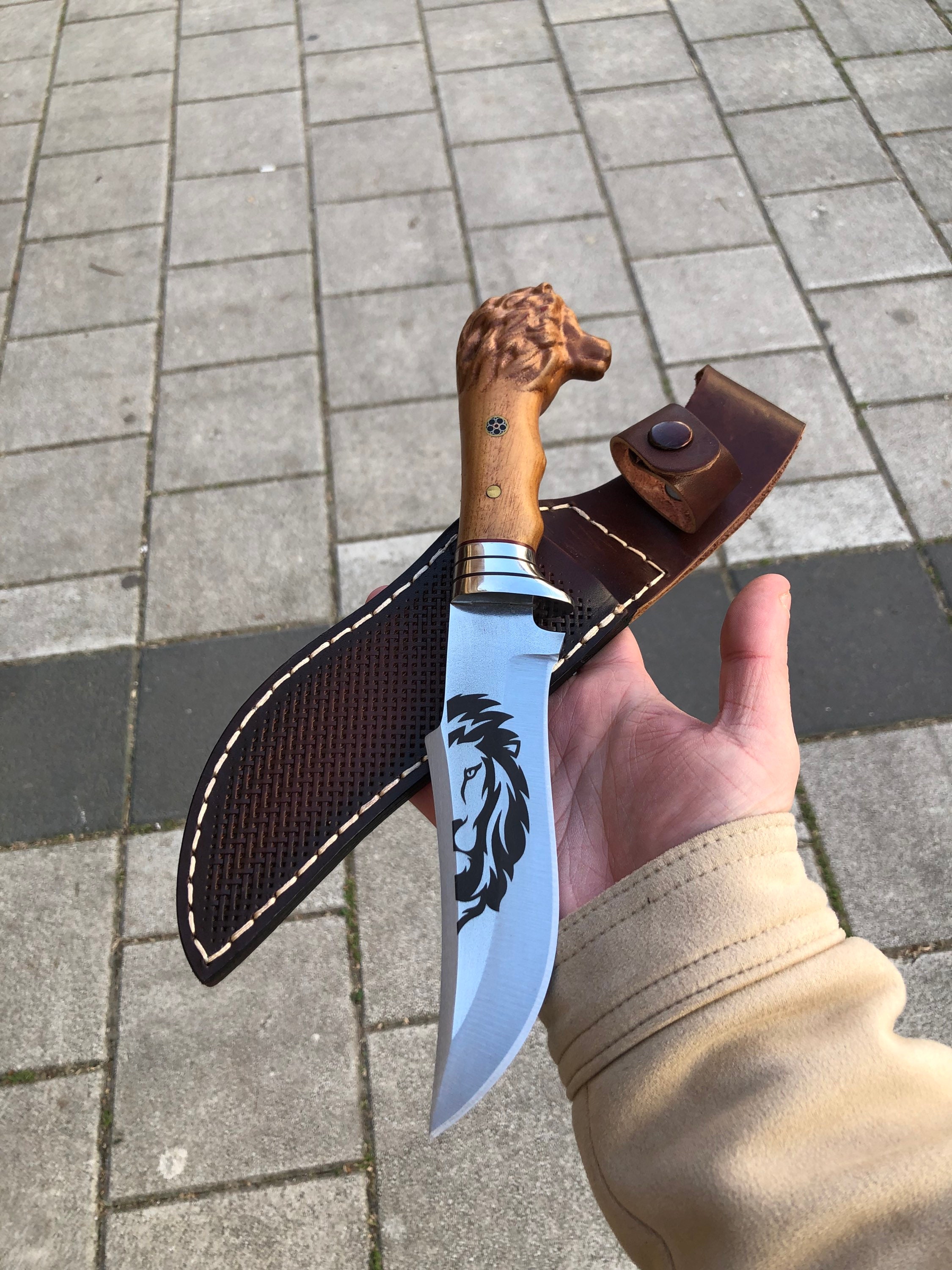 Custom Engraved Hunting Knife With Lion Head Handle – Personalized Gift ...