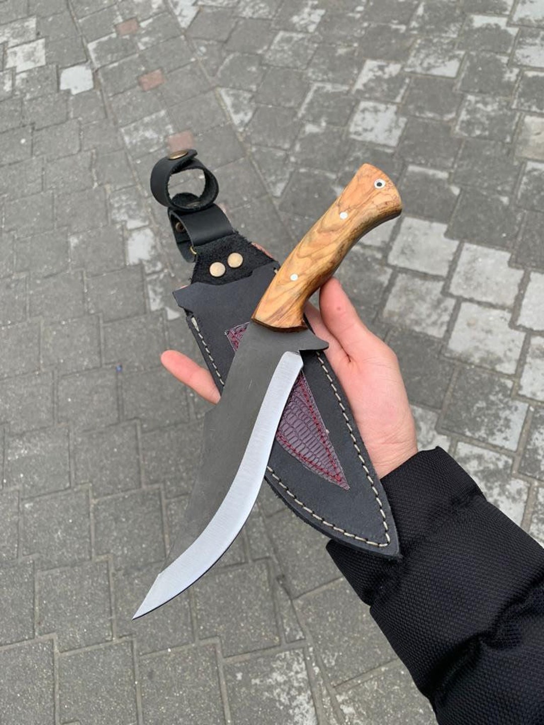 Handmade Outdoor Knife, Olive Wood Handle, Leather Sheath, 4116 ...