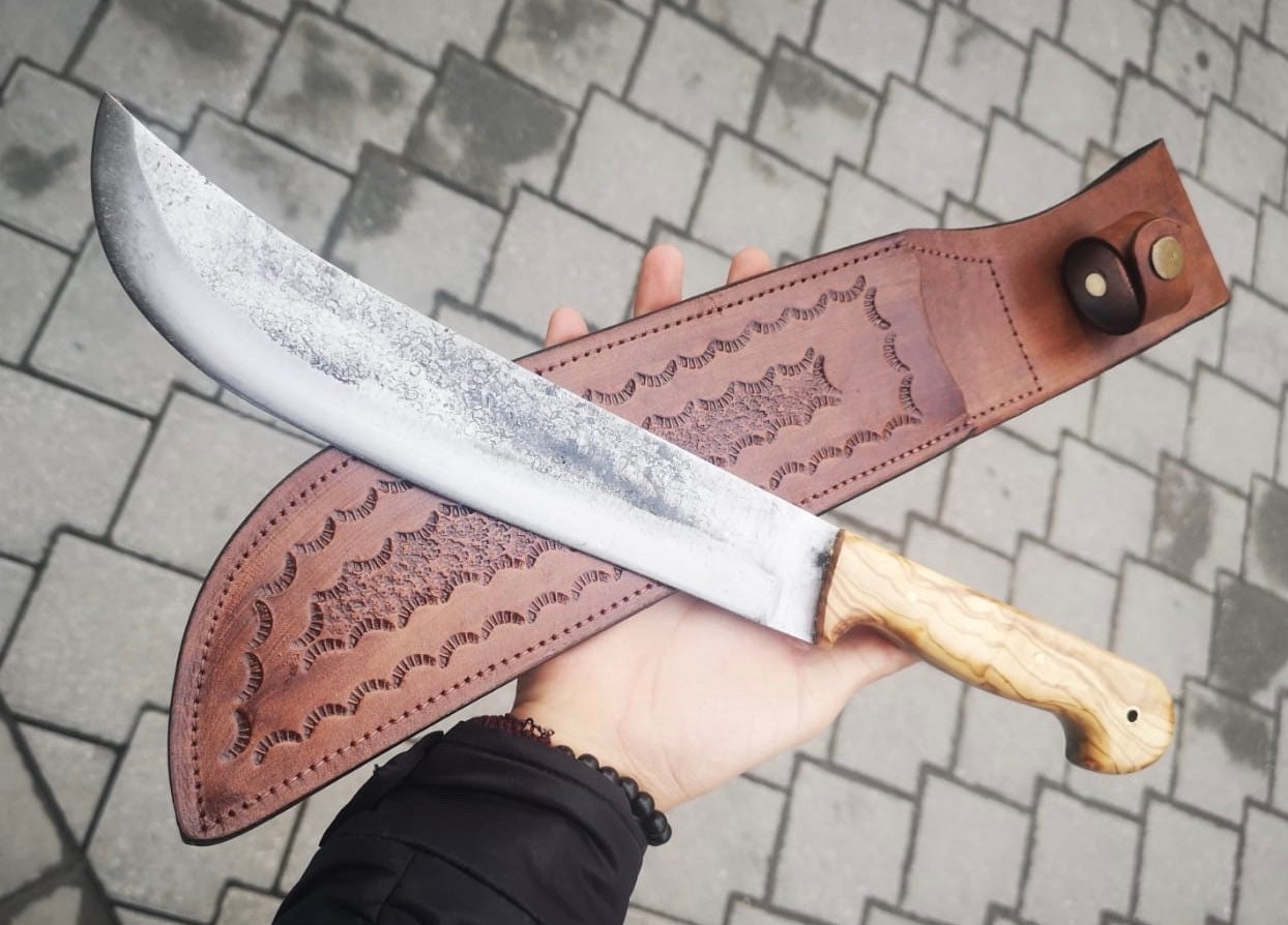 Hand Forged Machete: 5160 Spring Steel, Walnut Wood Handle, Leather ...