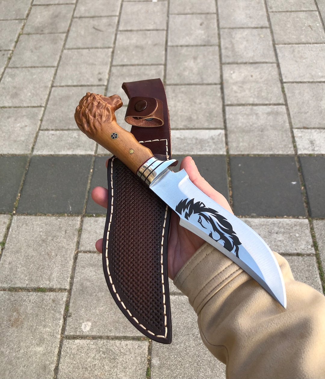 Custom Engraved Hunting Knife With Lion Head Handle – Personalized Gift ...