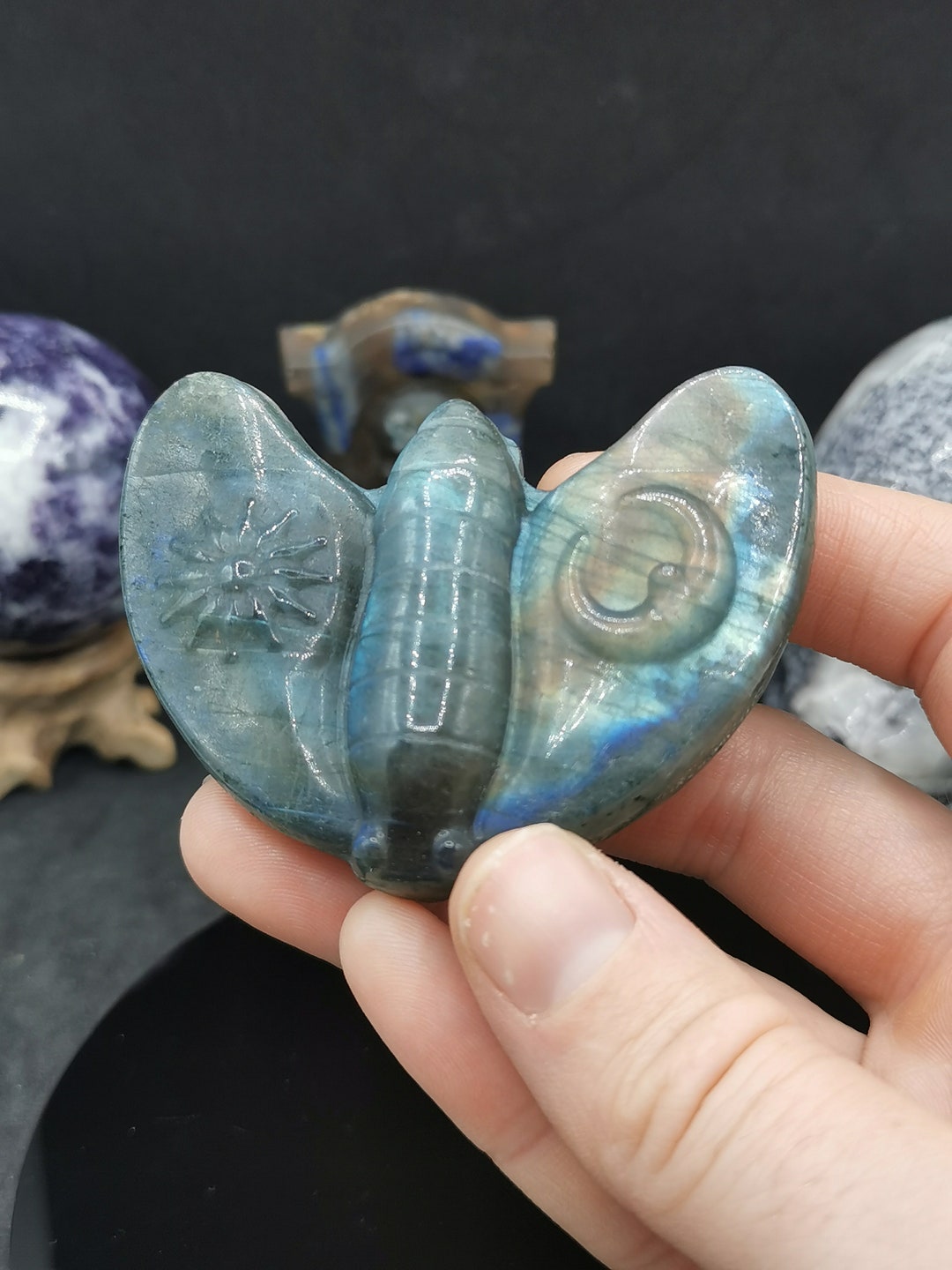 Labradorite Moth Carving Sun and Moon - Etsy UK