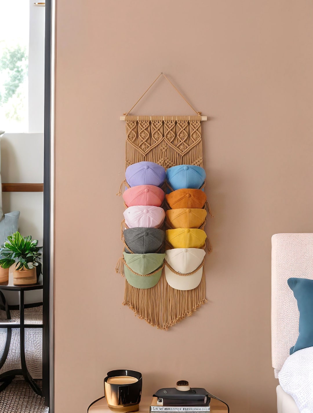 Macrame Cap Holder, Gift for Him, Cabin Wall Decor, Macrame Hat Holder ...