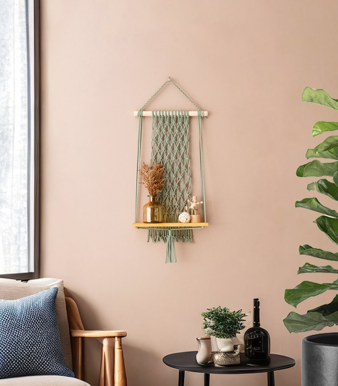 Macrame Shelves, Wood Shelf, Indoor Plant Shelf, Living Room Decor ...