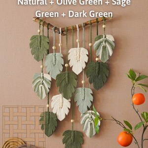 Green Leaves Macrame Wall Hanging, Macrame Feather Wall Decor ...