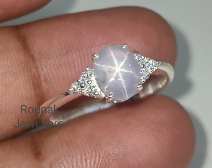 White Star Sapphire Ring, Engagement Ring, 925 Sterling Silver, Natural Star Gemstone ...