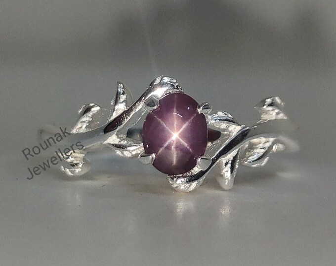 Natural Star Ruby Leaf Ring, Minimalist Ring, Vintage Star Ring, 925 Sterling Silver, Oval Star ...