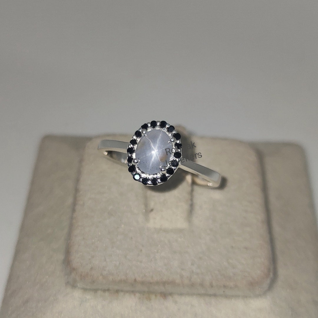 White Star Sapphire Ring, Star Sapphire Black Spinel Ring, 925 Silver ...