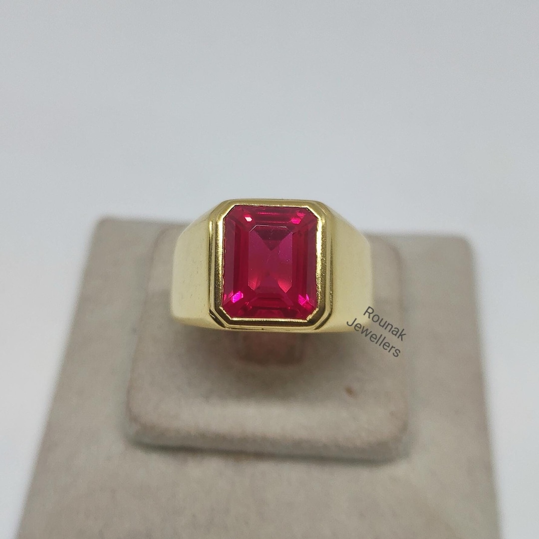 Emerald Cut Lab Ruby Signet Ring - 925 Sterling Silver Gold Plated - Etsy