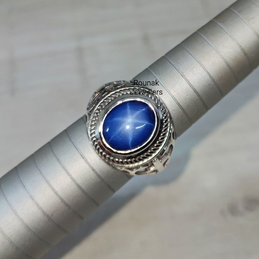 Blue Star Sapphire Men's Ring, Star Gemstone Ring, 925 Sterling Silver ...