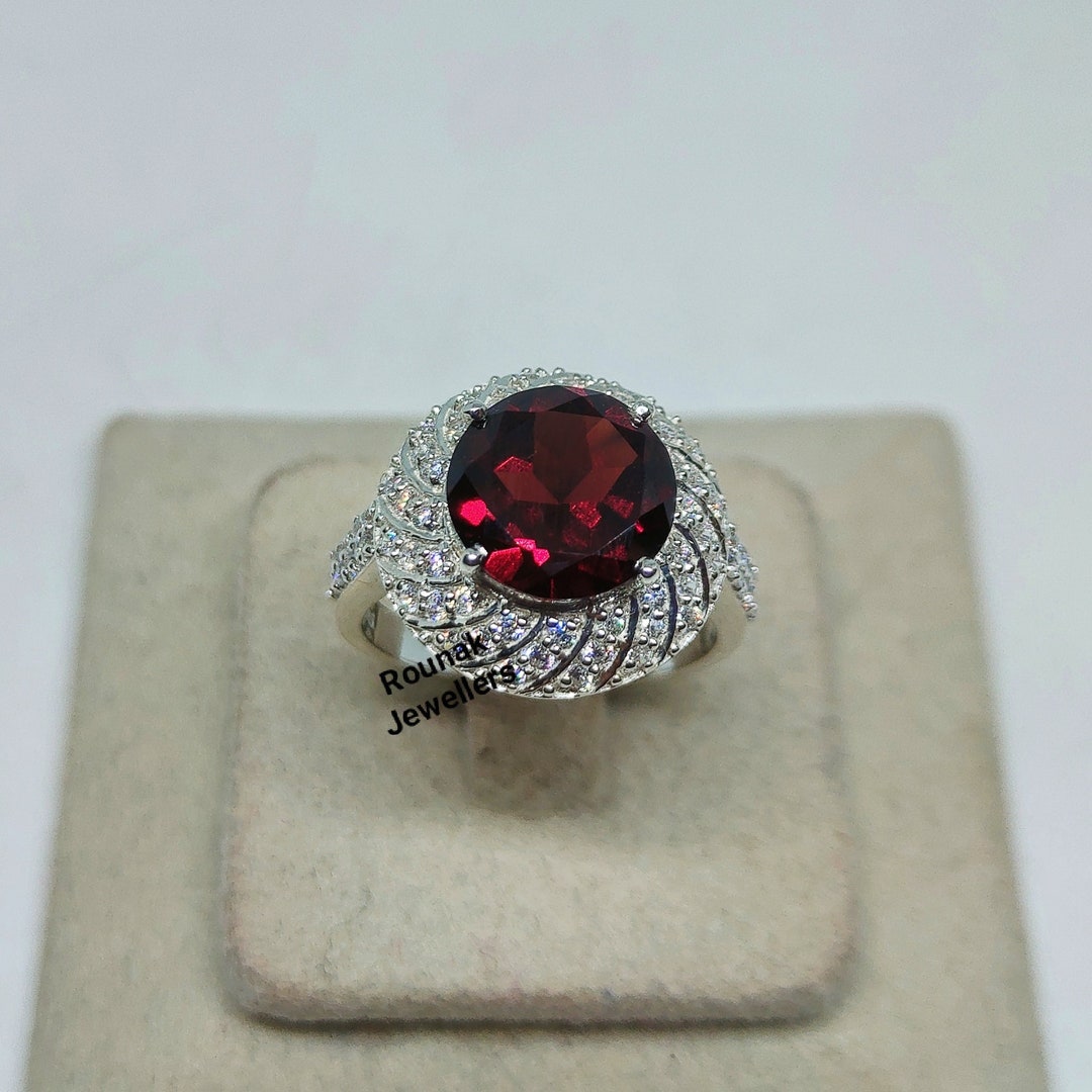 Vintage Round Garnet Ring, Engagement Ring, 925 Sterling Silver ...
