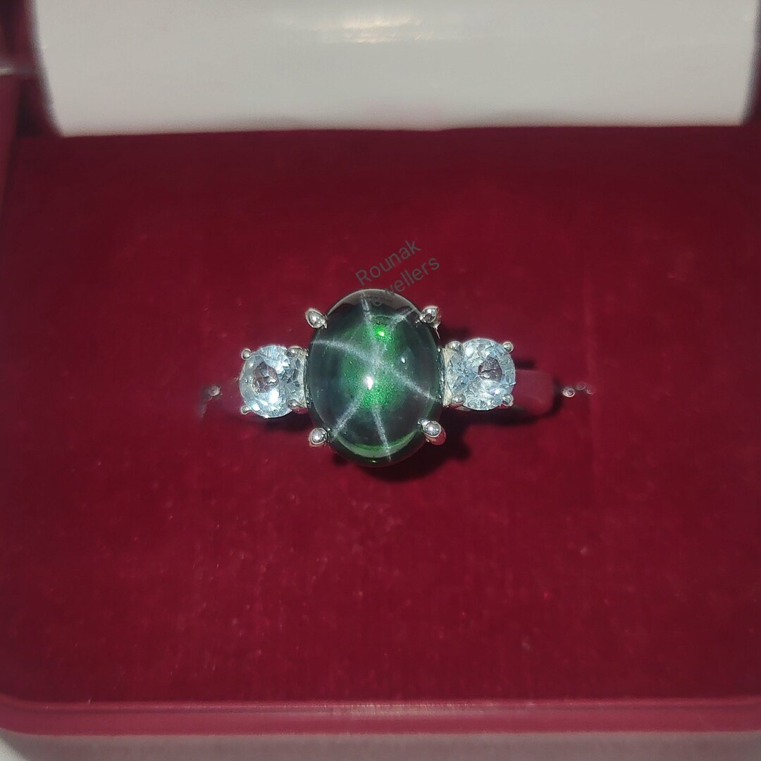 Green Star Sapphire Ring, Engagement Ring, 925 Silver Jewelry, Green ...