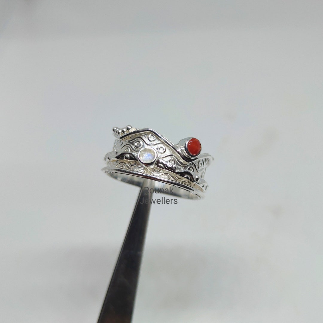 Unique Moonstone & Moonga Spinner Ring, Meditation Ring, Band Spinner Ring, 925sterling Silver ...
