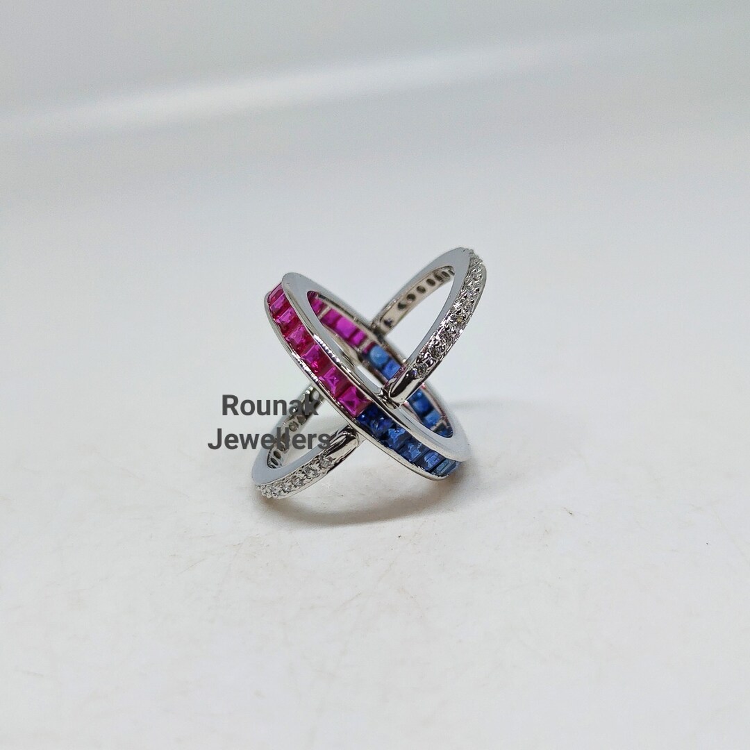 Natural Ruby & Blue Sapphire Ring, Wedding Band Ring, CZ Ring, 925 ...