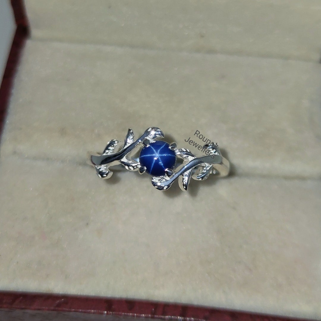 Vintage Star Blue Sapphire Ring, Blue Star Ring, 925 Silver Leaf Ring ...