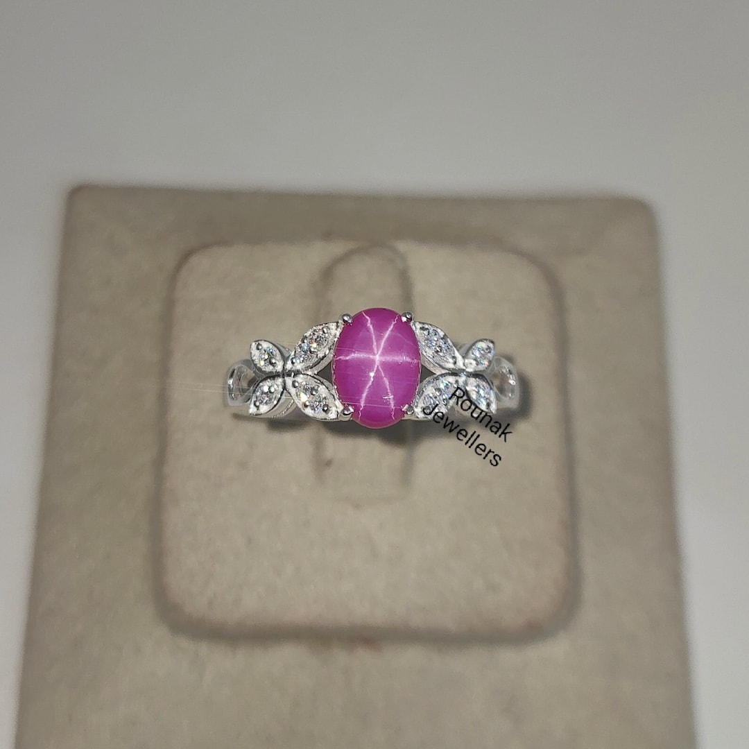 Art Deco Pink Star Sapphire Ring, Stackable Star Sapphire Ring, 925 ...