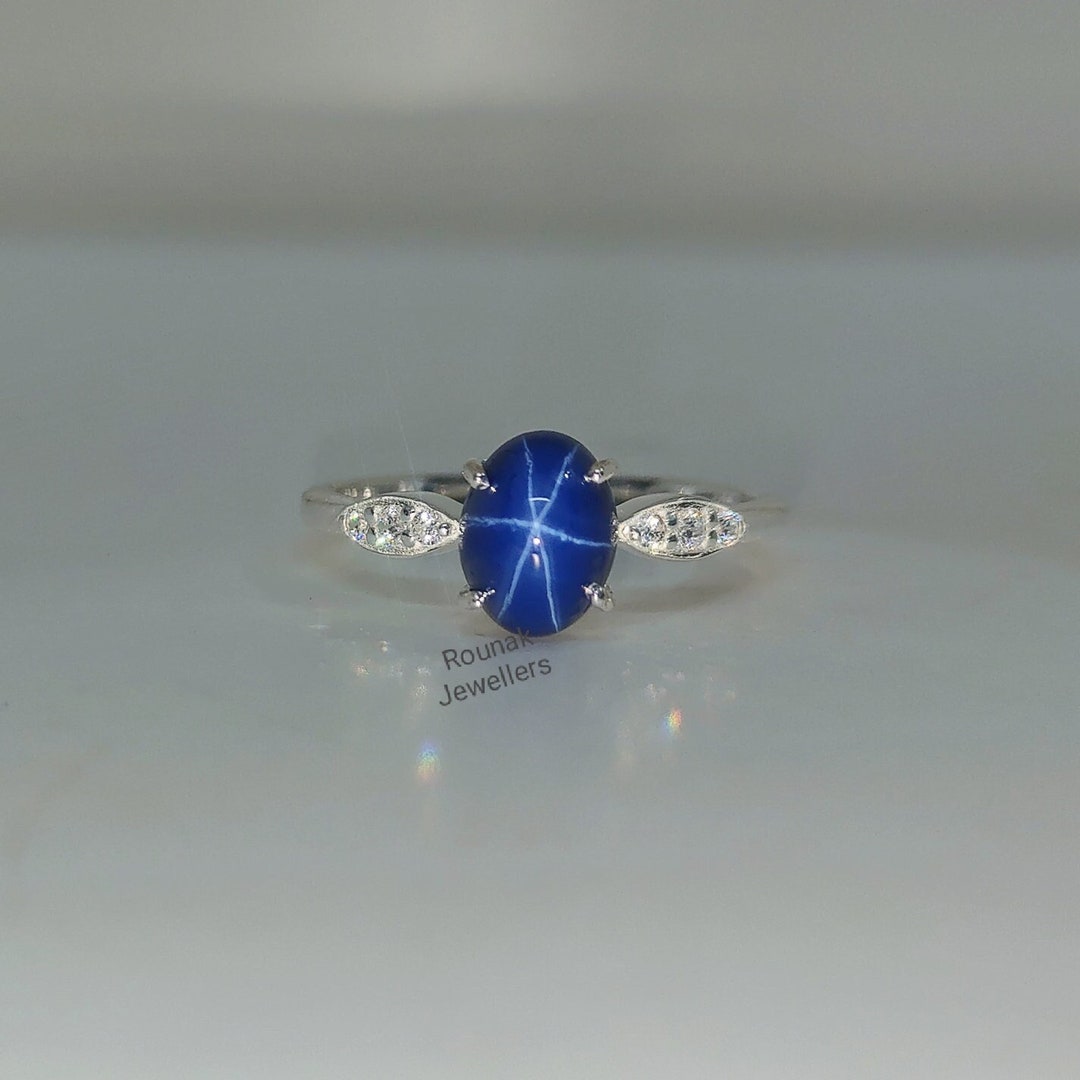 Blue Star Sapphire Ring, Stackable Ring, Cornflower Star Ring, 925 ...