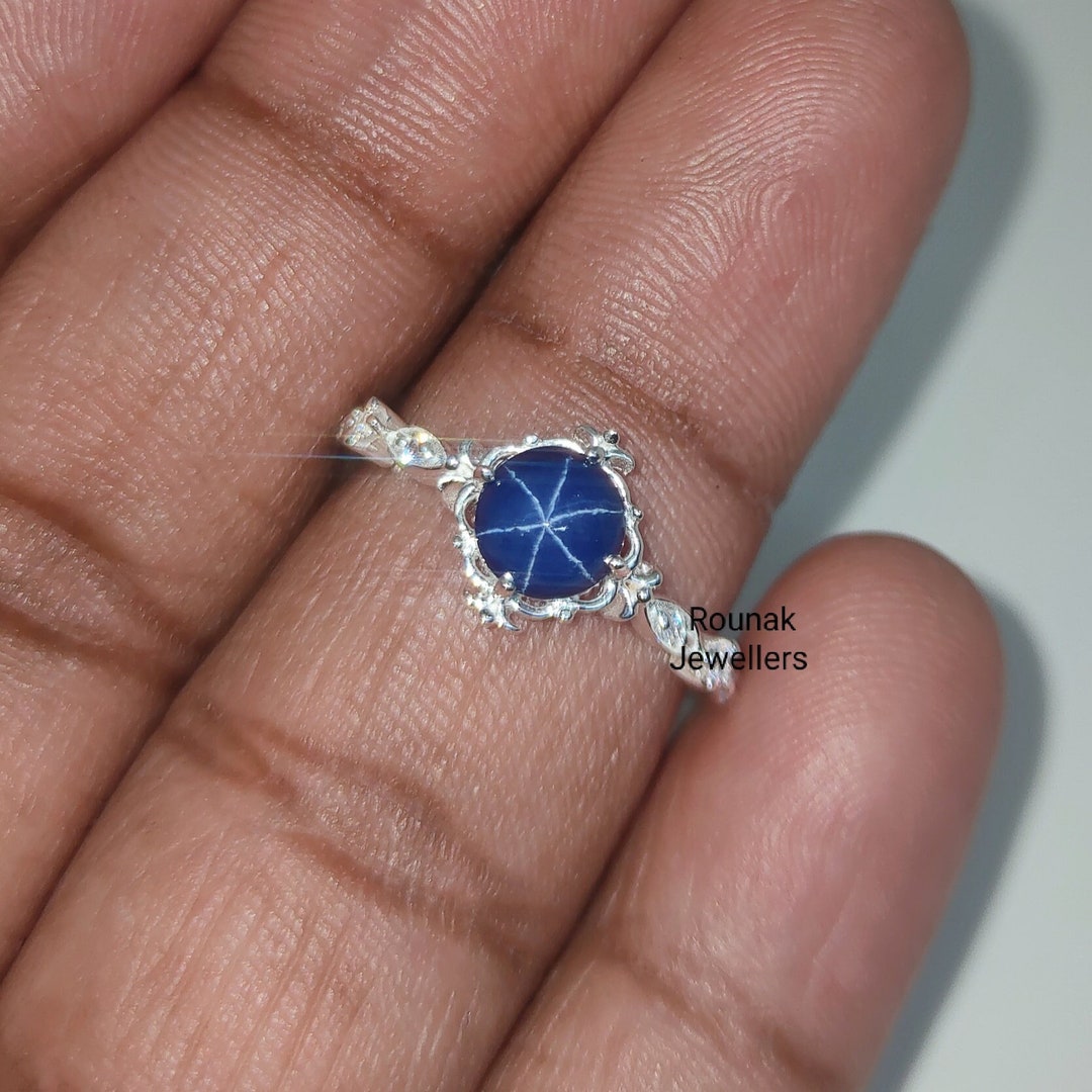 Round Blue Star Sapphire Ring, Cornflower Star Sapphire Ring, 925 ...