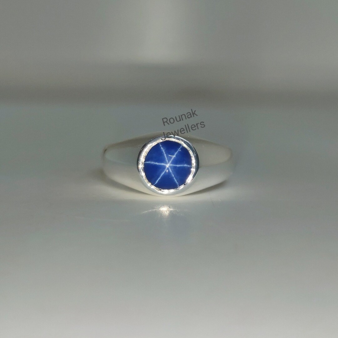 Round Blue Star Sapphire Ring, 925 Sterling Silver, Solitaire Ring ...