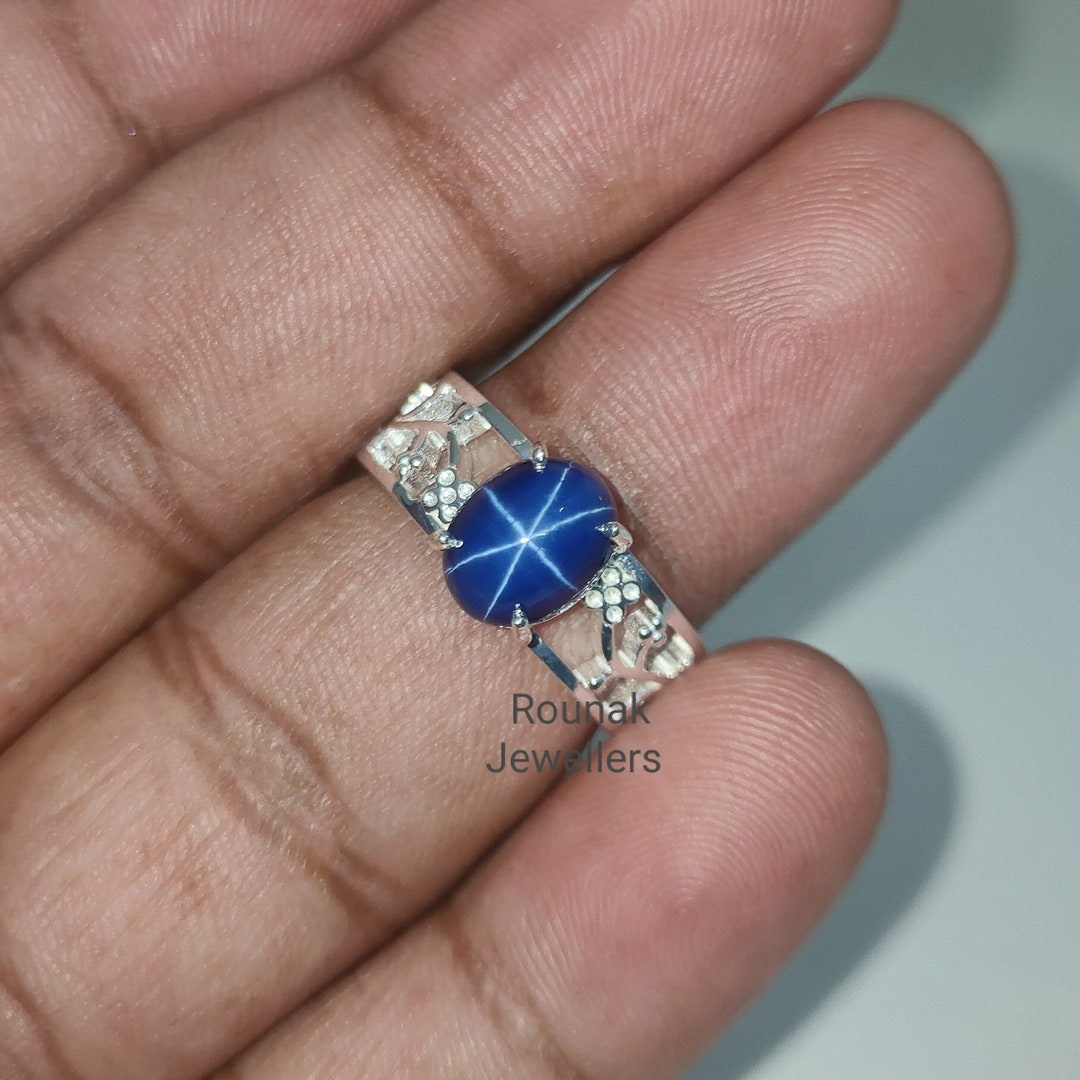 Blue Star Sapphire Band Ring, 6 Rays Blue Star Band Ring, Design 925 ...