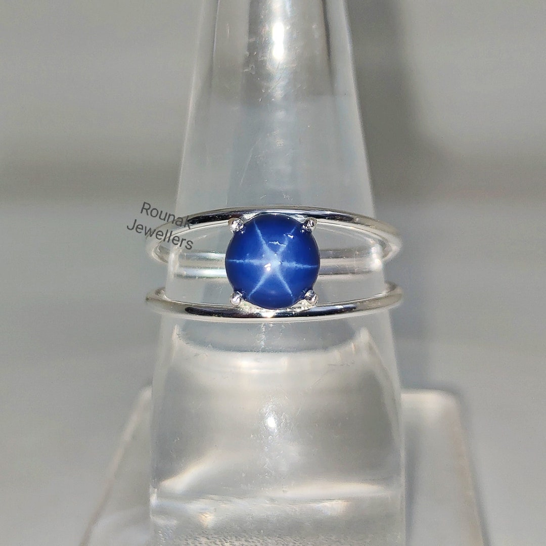 Round Blue Star Sapphire Ring, 6 Raw Star Ring, 925 Sterling Silver ...