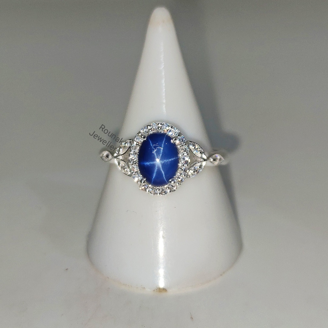 Handmade Blue Star Sapphire Ring: 925 Sterling Silver, Cubic Zirconia ...