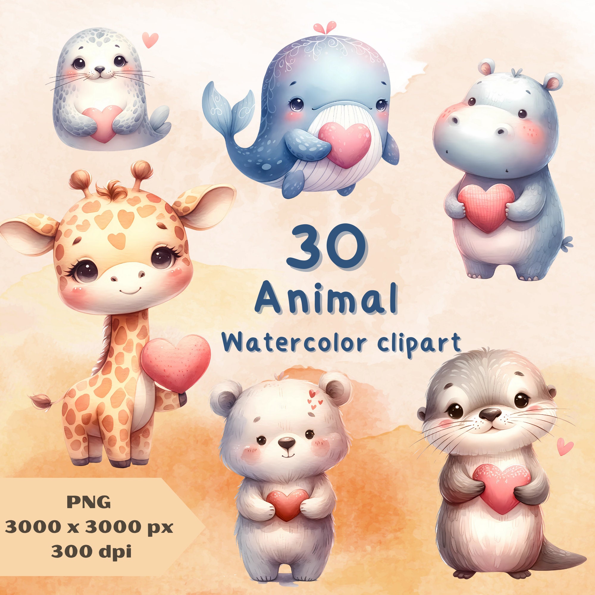 Watercolor Animal Holding Heart Clipart Set - Adorable Nursery Art Pngs ...