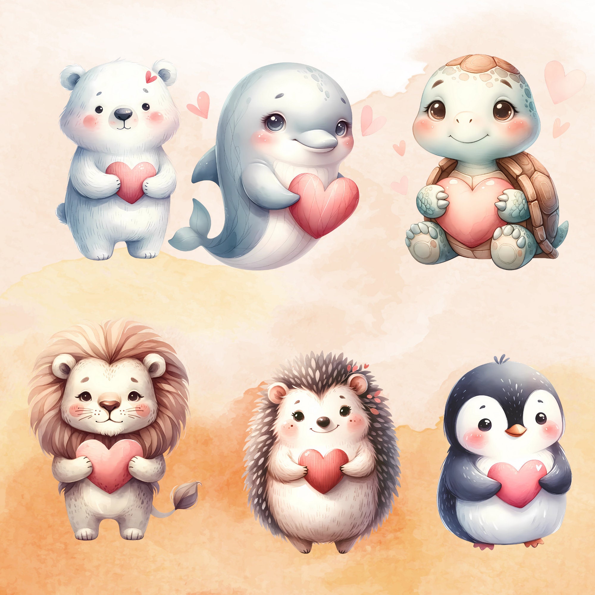 Watercolor Animal Holding Heart Clipart Set - Adorable Nursery Art Pngs ...