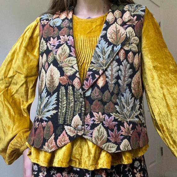 Vintage botanical print book tapestry vest - Gem