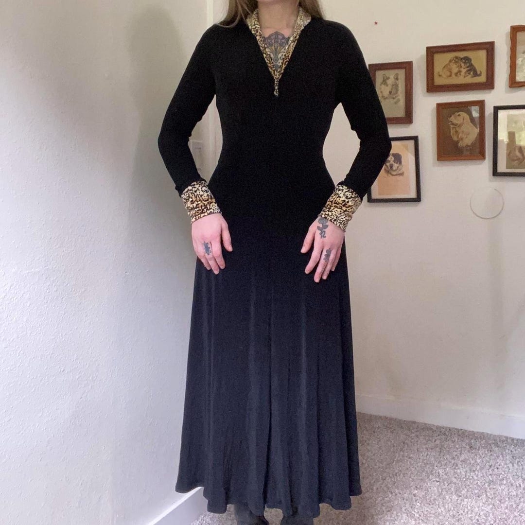 80s Vintage Black Slinky Maxi Dress With Velvet Leopard Print Collar ...