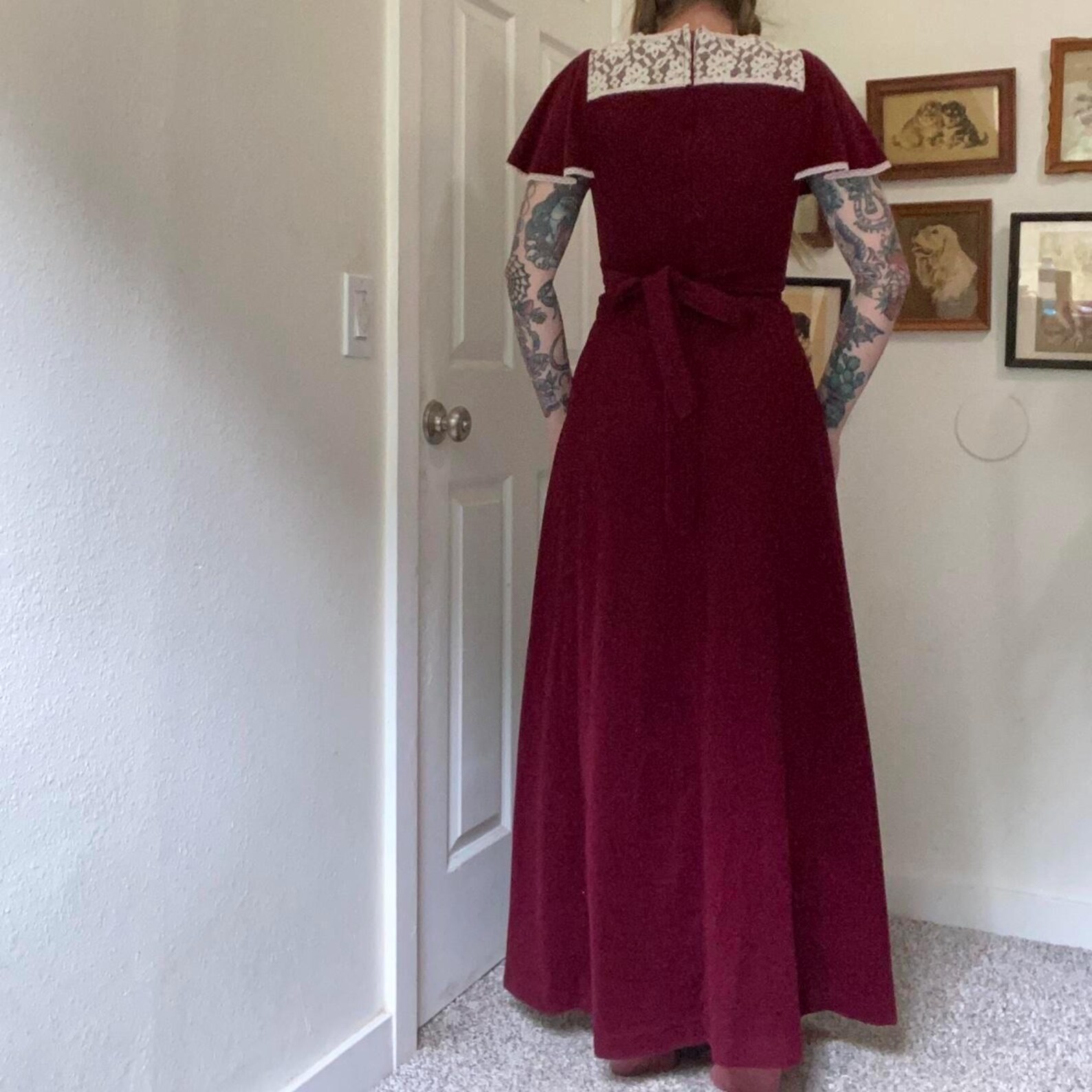 70s Vintage Burgundy and Lace Flutter Sleeve Babydoll Maxi Dress - Etsy
