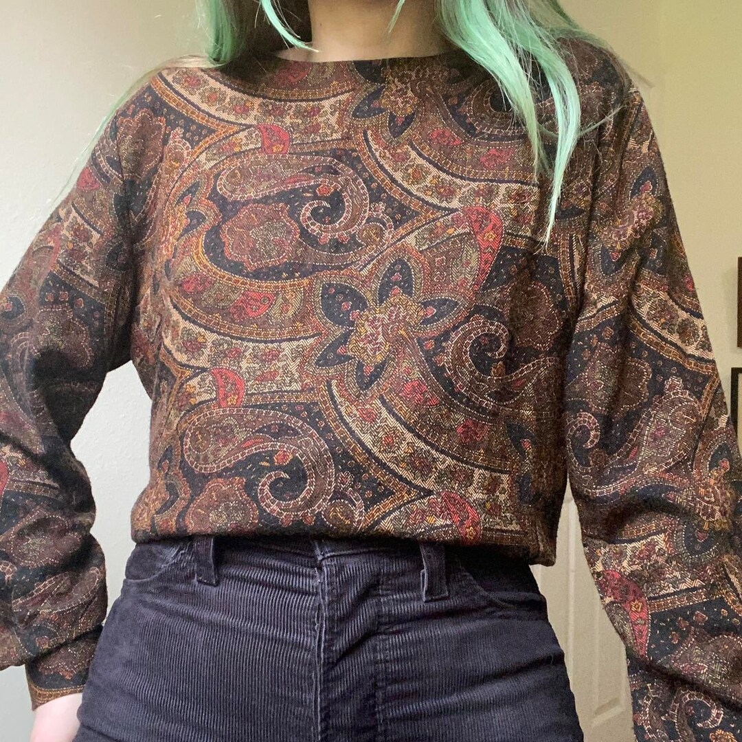 80s Vintage Earth Tone Paisley Long Sleeve Top - Etsy