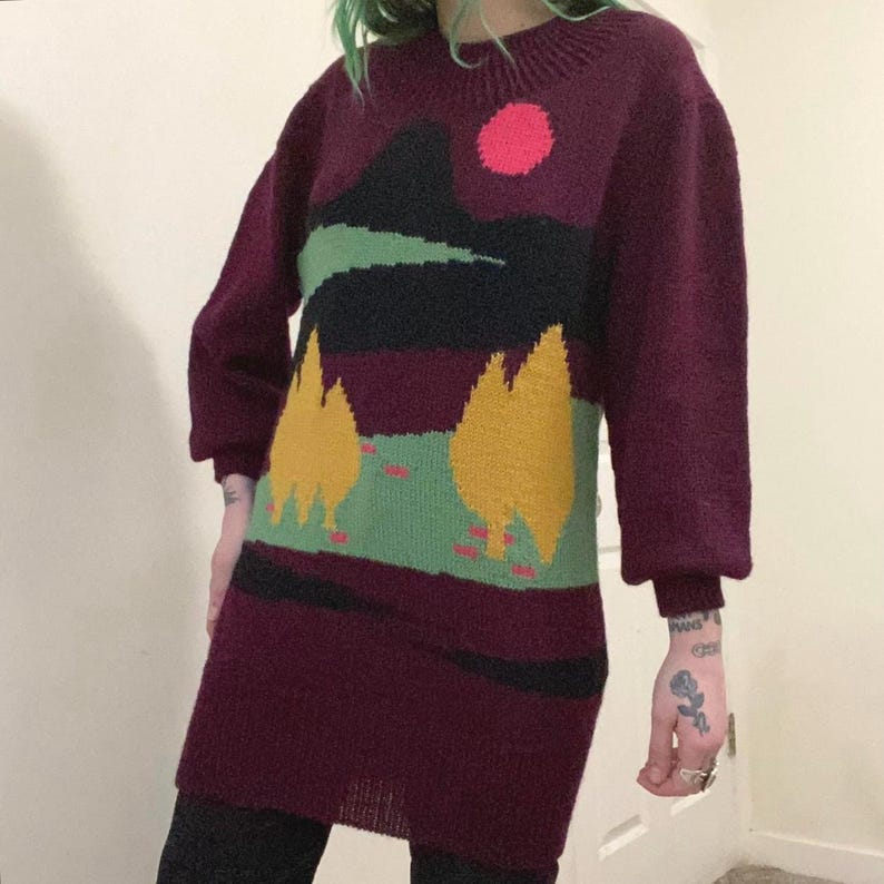 80s Vintage Handmade Scenic Skyline Chunky Knit Wool Mock Neck Sweater ...