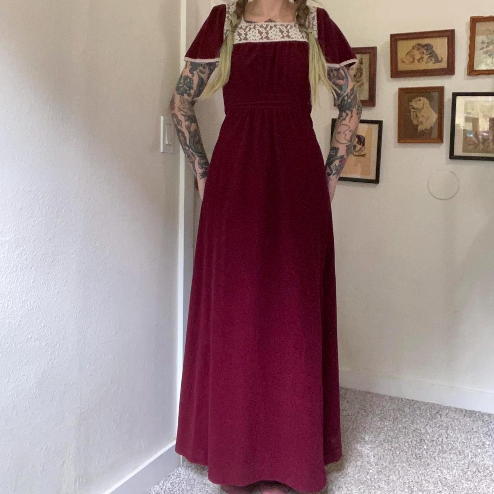 70s Vintage Burgundy and Lace Flutter Sleeve Babydoll Maxi Dress - Etsy