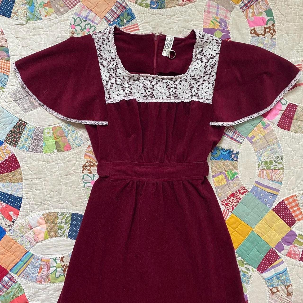 70s Vintage Burgundy and Lace Flutter Sleeve Babydoll Maxi Dress - Etsy