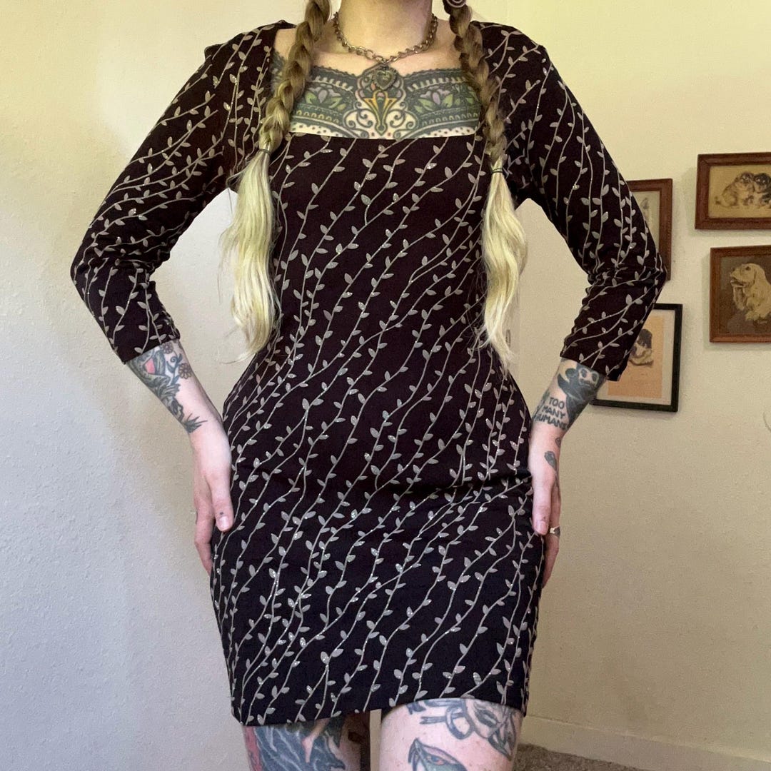 90s Vintage Black and Beige Sparkly Vine Slinky Midi Dress - Etsy